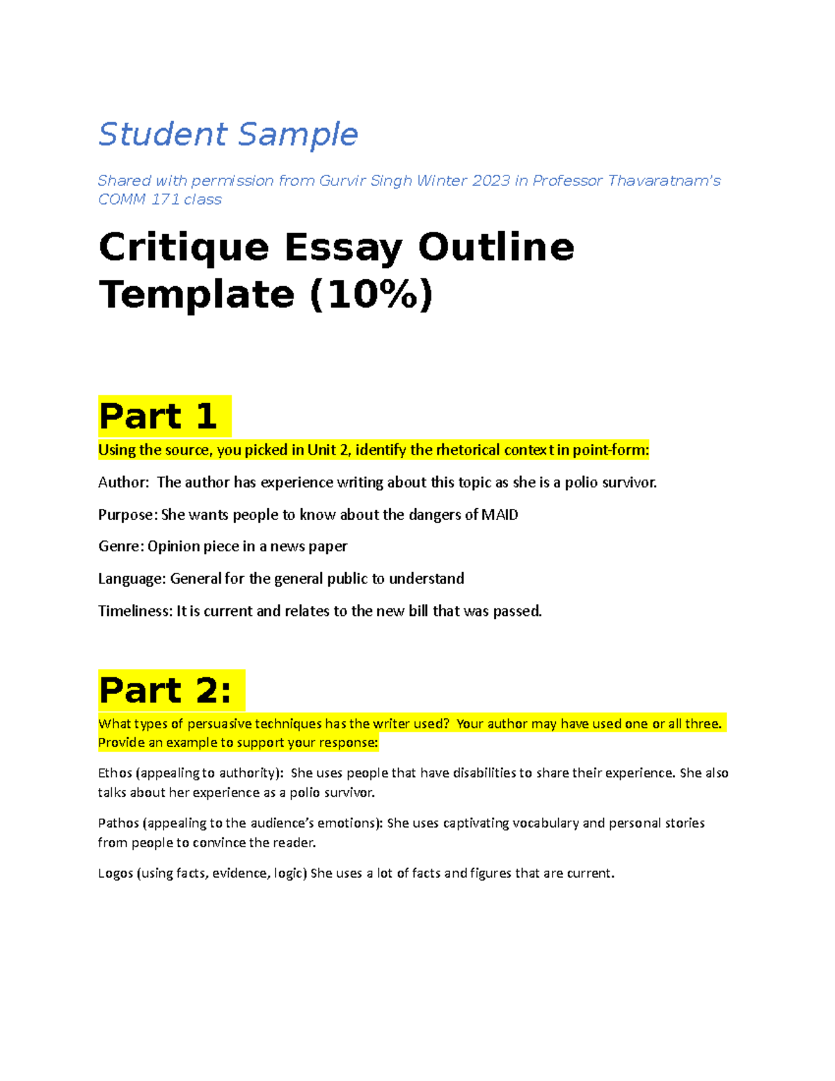 Critique Essay Outline Template Part 1: Rhetorical Context Persuasive ...