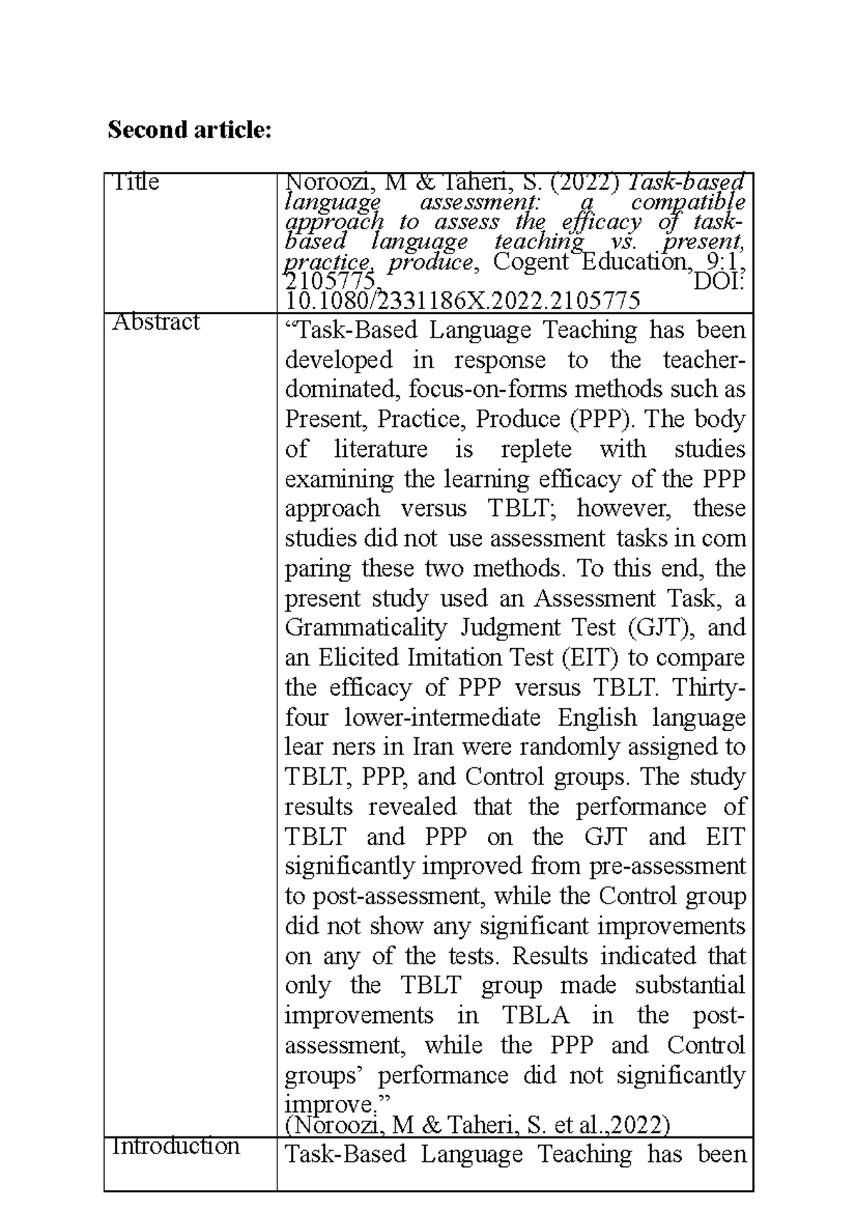 Second article - Second article: Title Noroozi, M & Taheri, S. (2022 ...