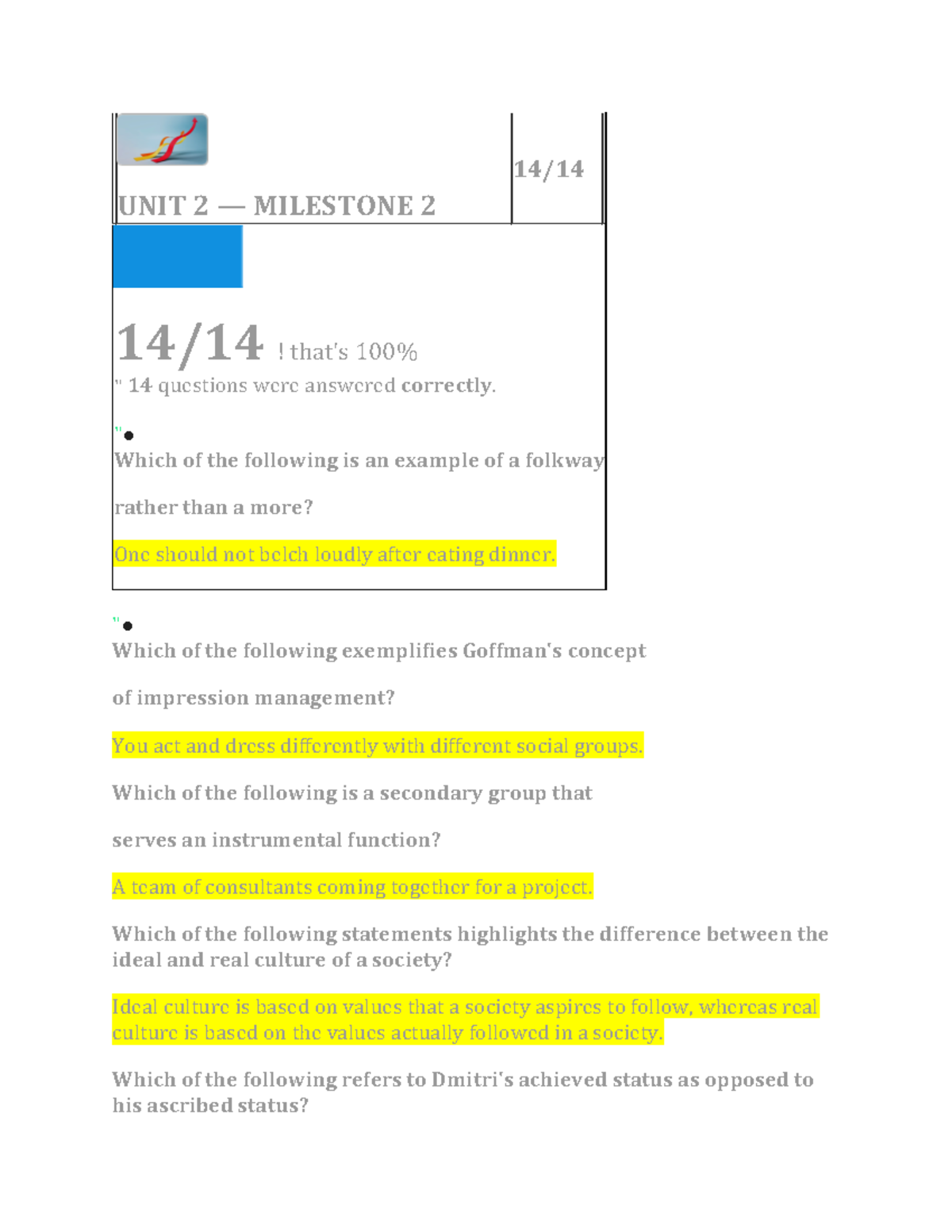 Intro to Sociology unit 2 milestone 2 - UNIT 2 — MILESTONE 2 14/ 14/14 ...