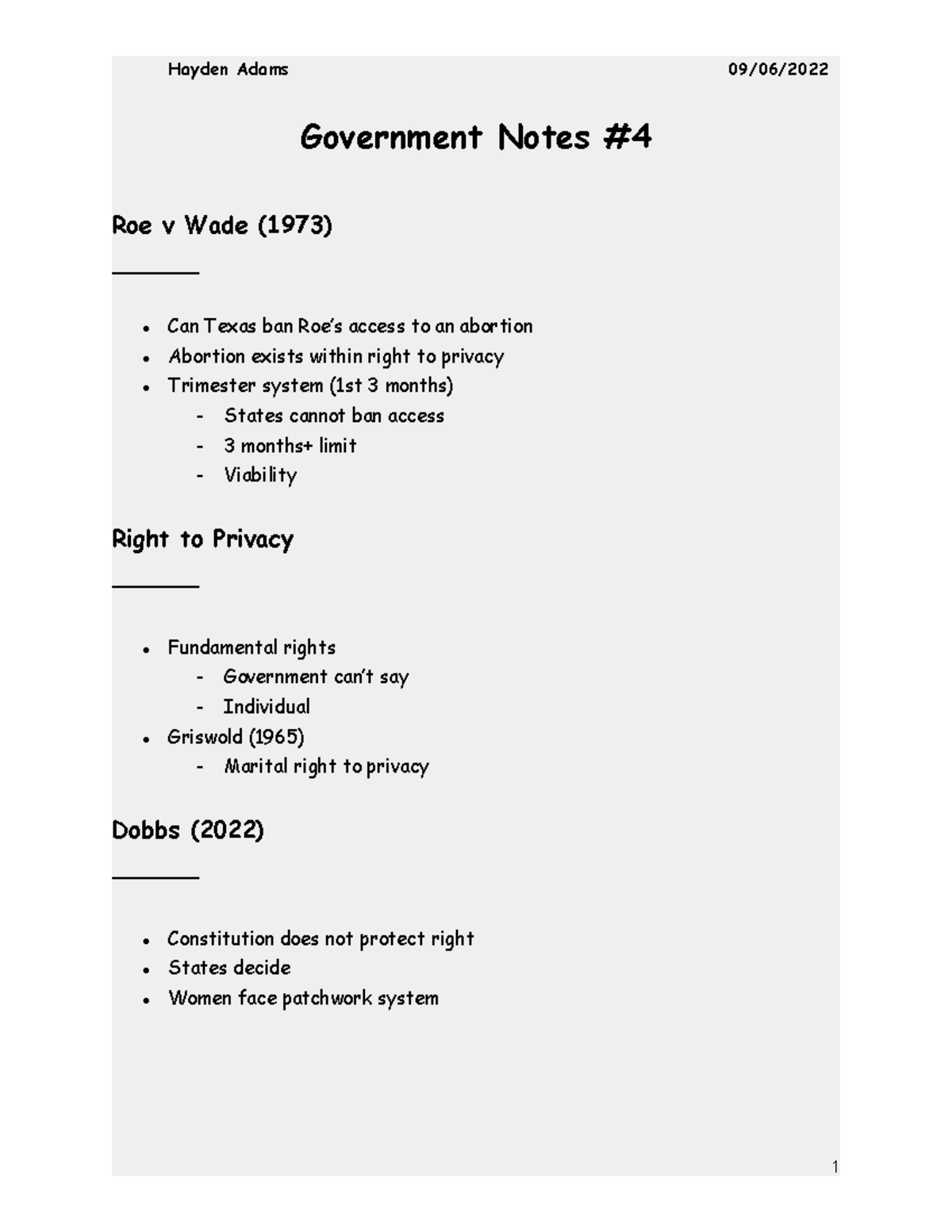 Government Notes #4 - Government Notes Roe v Wade (1973) ______ Can ...