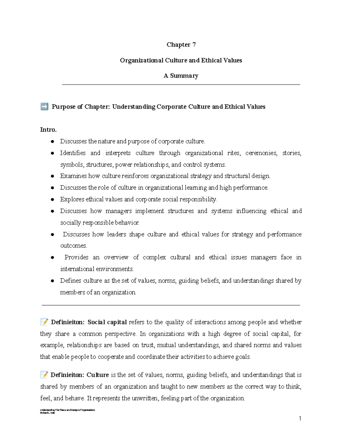 Ch7. Summary. OT. - Chapter 7 Organizational Culture and Ethical Values ...