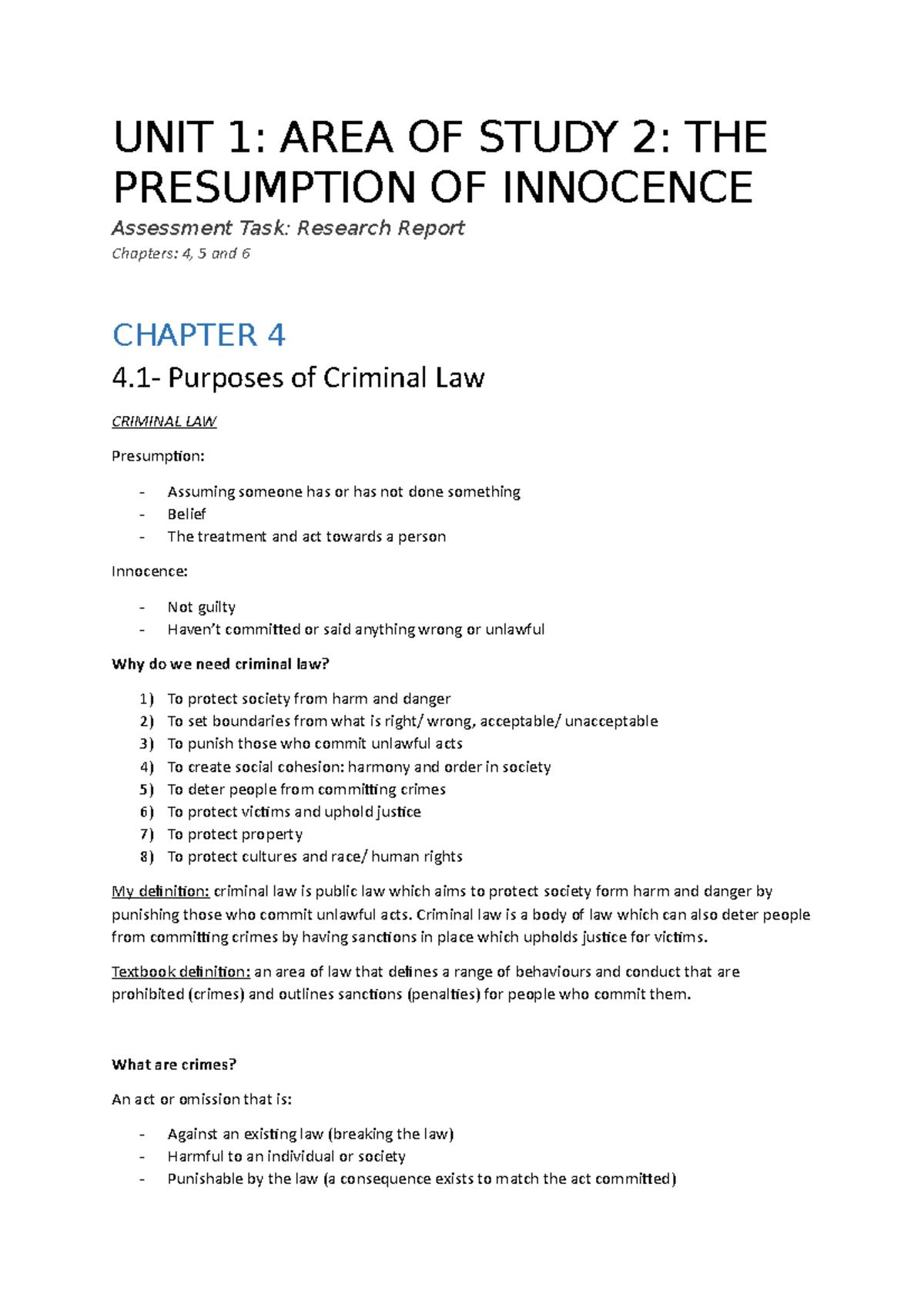 AOS 2 notes - UNIT 1: AREA OF STUDY 2: THE PRESUMPTION OF INNOCENCE ...