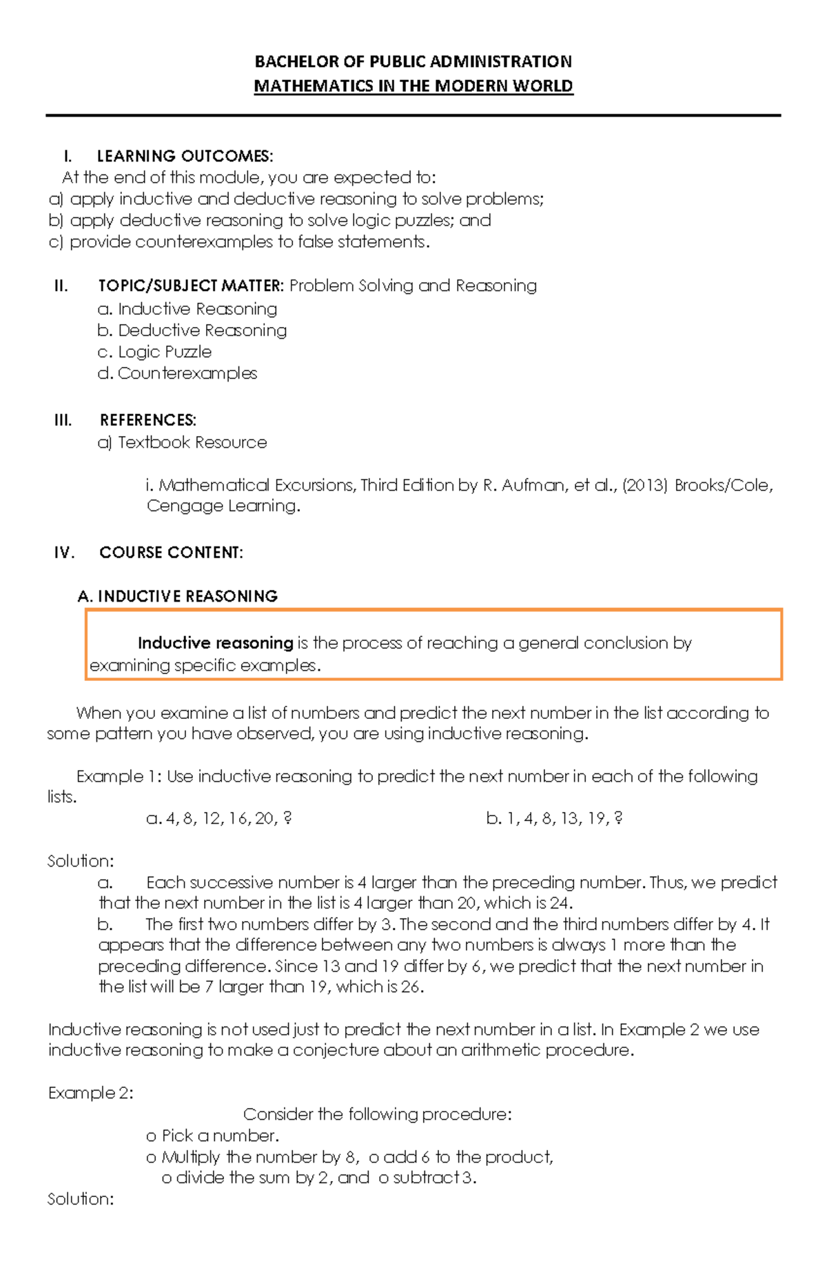 Mmw Problem Solving And Reasoning Bachelor Of Public Administration Mathematics In The Modern