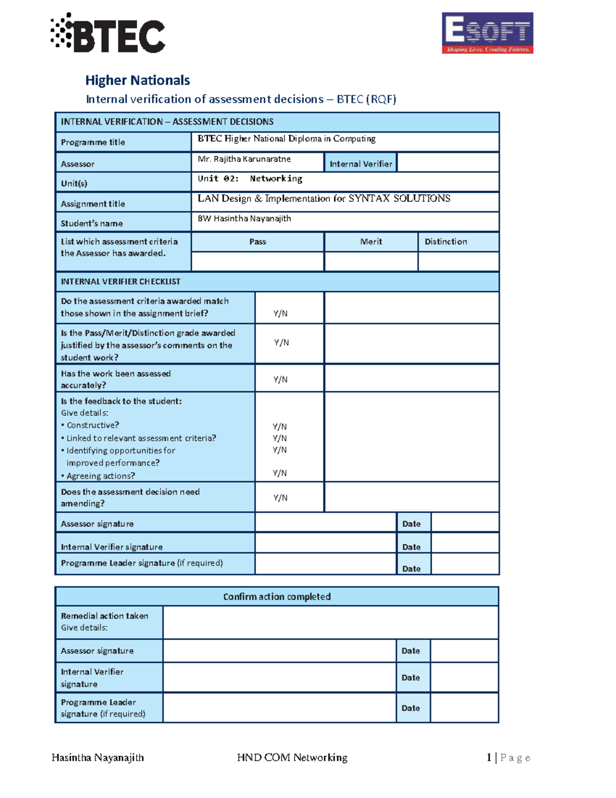Network - Higher Nationals Internal verification of assessment decisions – BTEC (RQF) INTERNAL ...