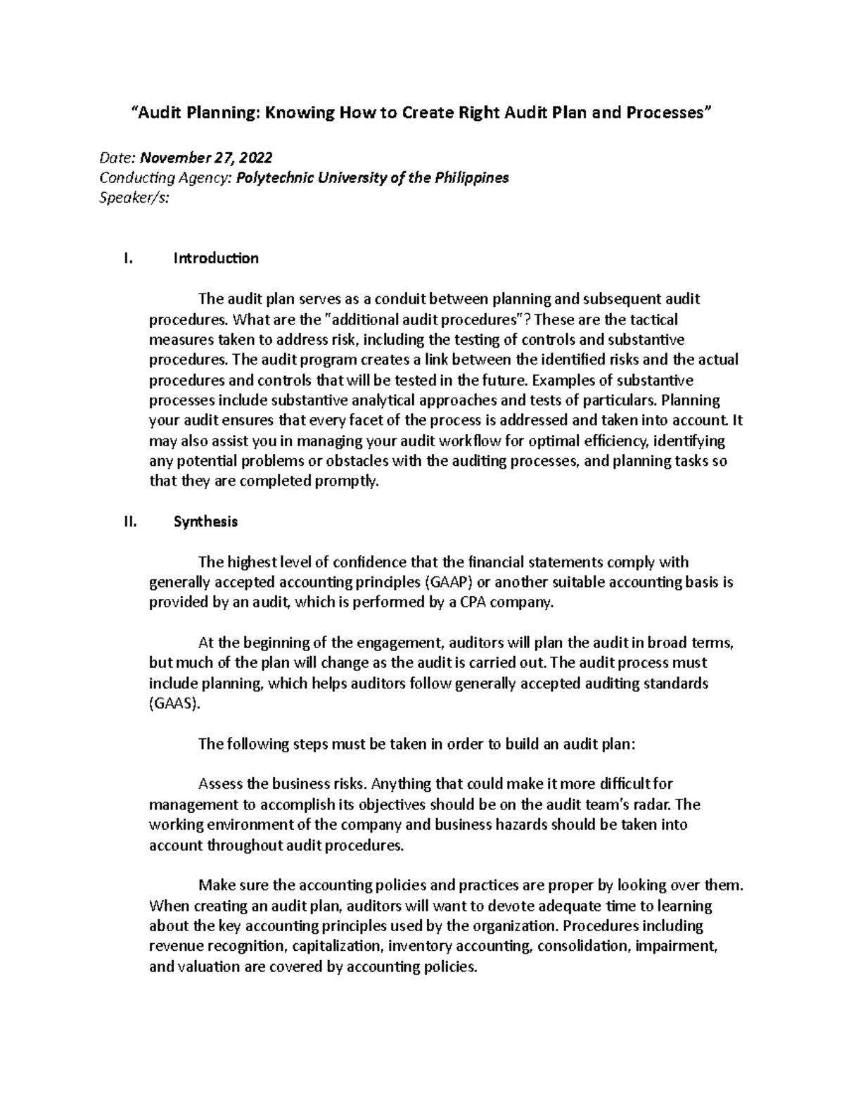 Synthesis 1 Audit-Planning - “Audit Planning: Knowing How to Create ...