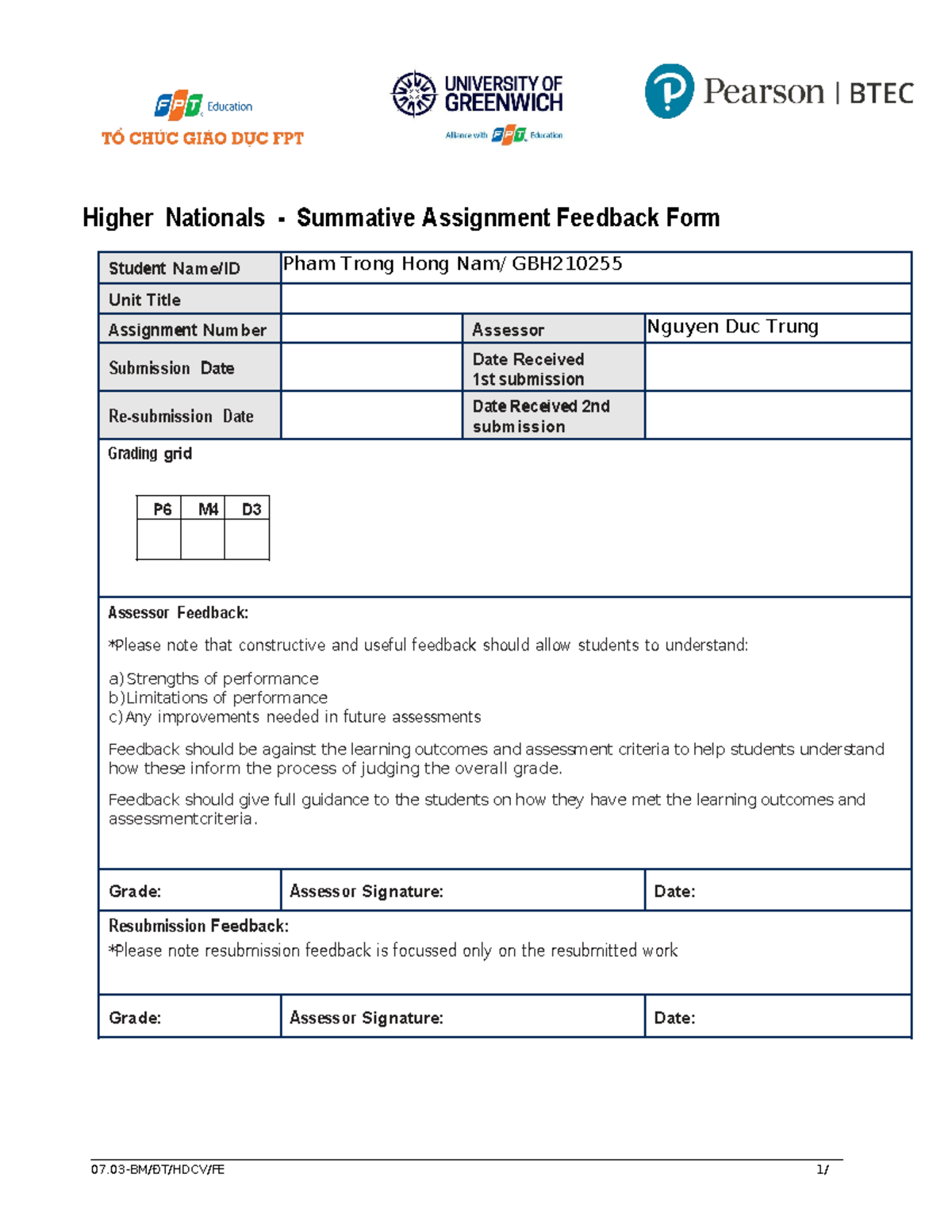 5064 - 07-BM/ĐT/HDCV/FE 1/ 1 / 19 Higher Nationals - Summative Assignment Feedback Form Student ...