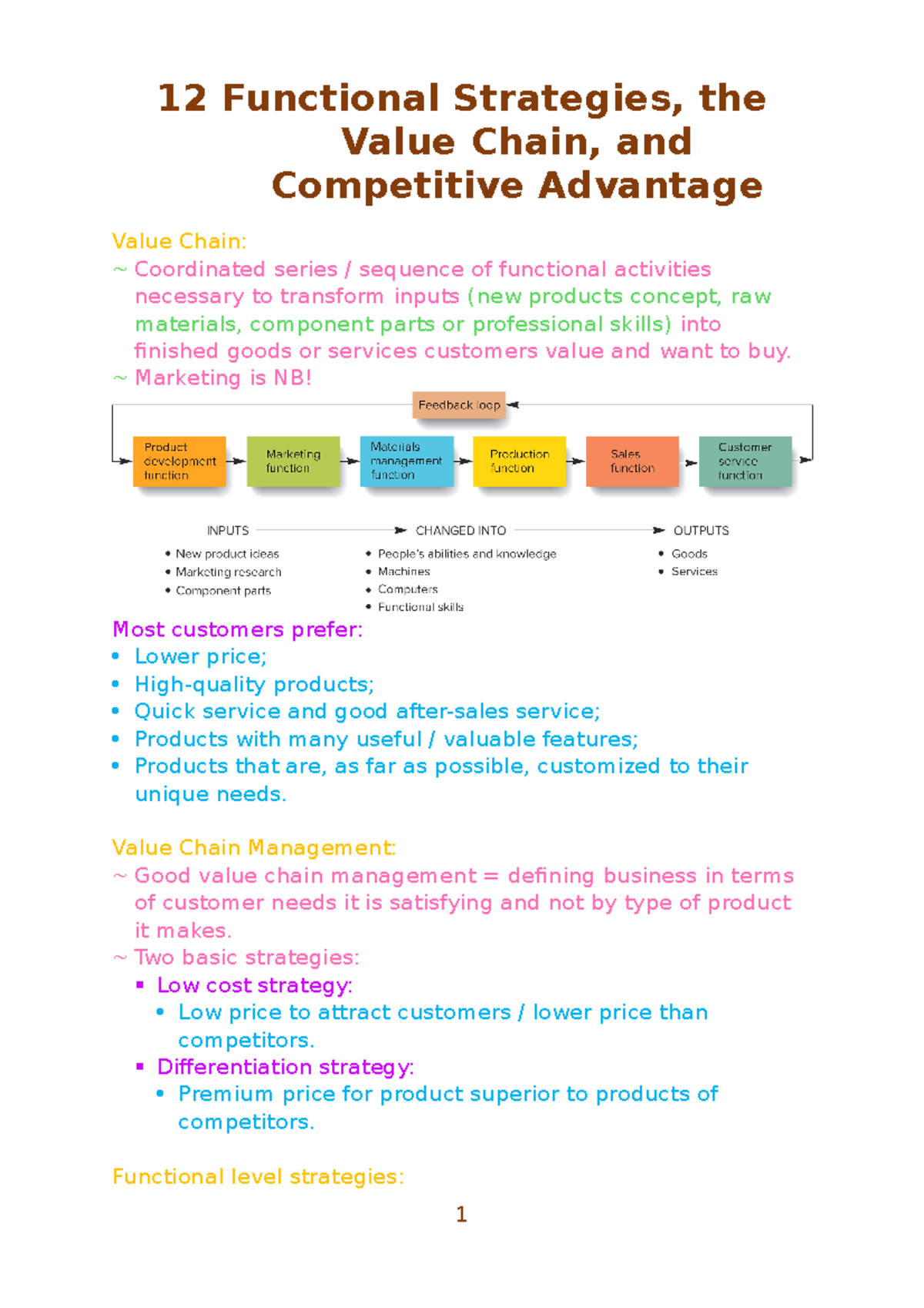 Unit 12 Functional Strategies, Value Chain and Competitive Advantage ...