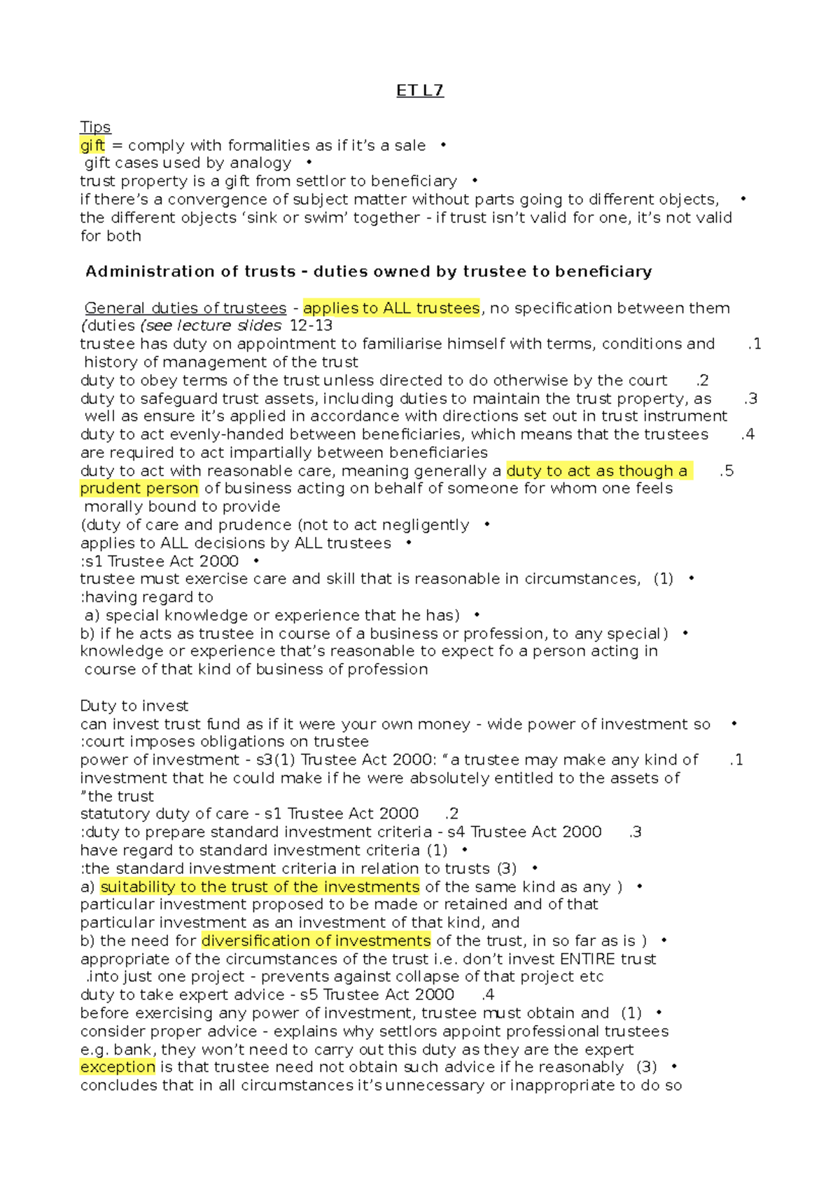 ET L7 - administration of trusts - ET L Tips gift = comply with formalities as if it’s a sale ...