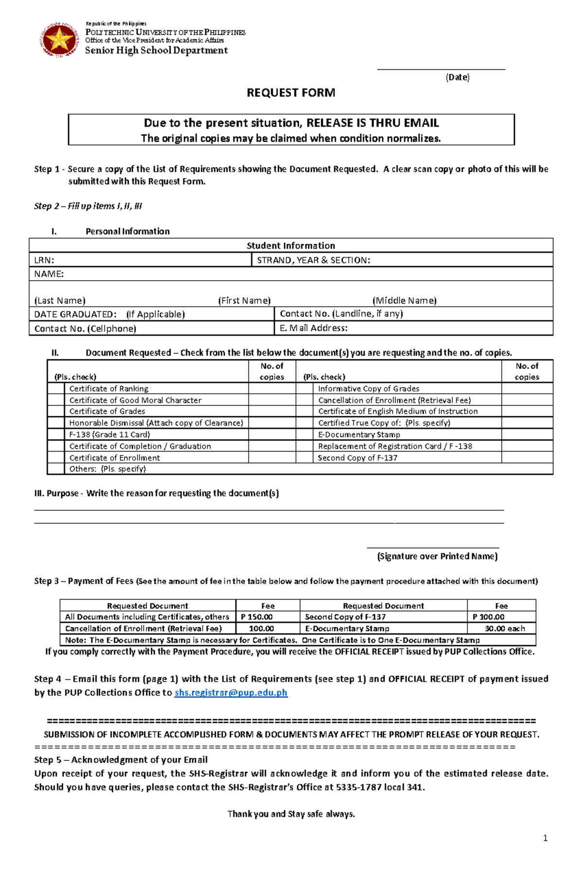 PUP Request FORM Try 1 Republic Of The Philippines POLYTECHNIC