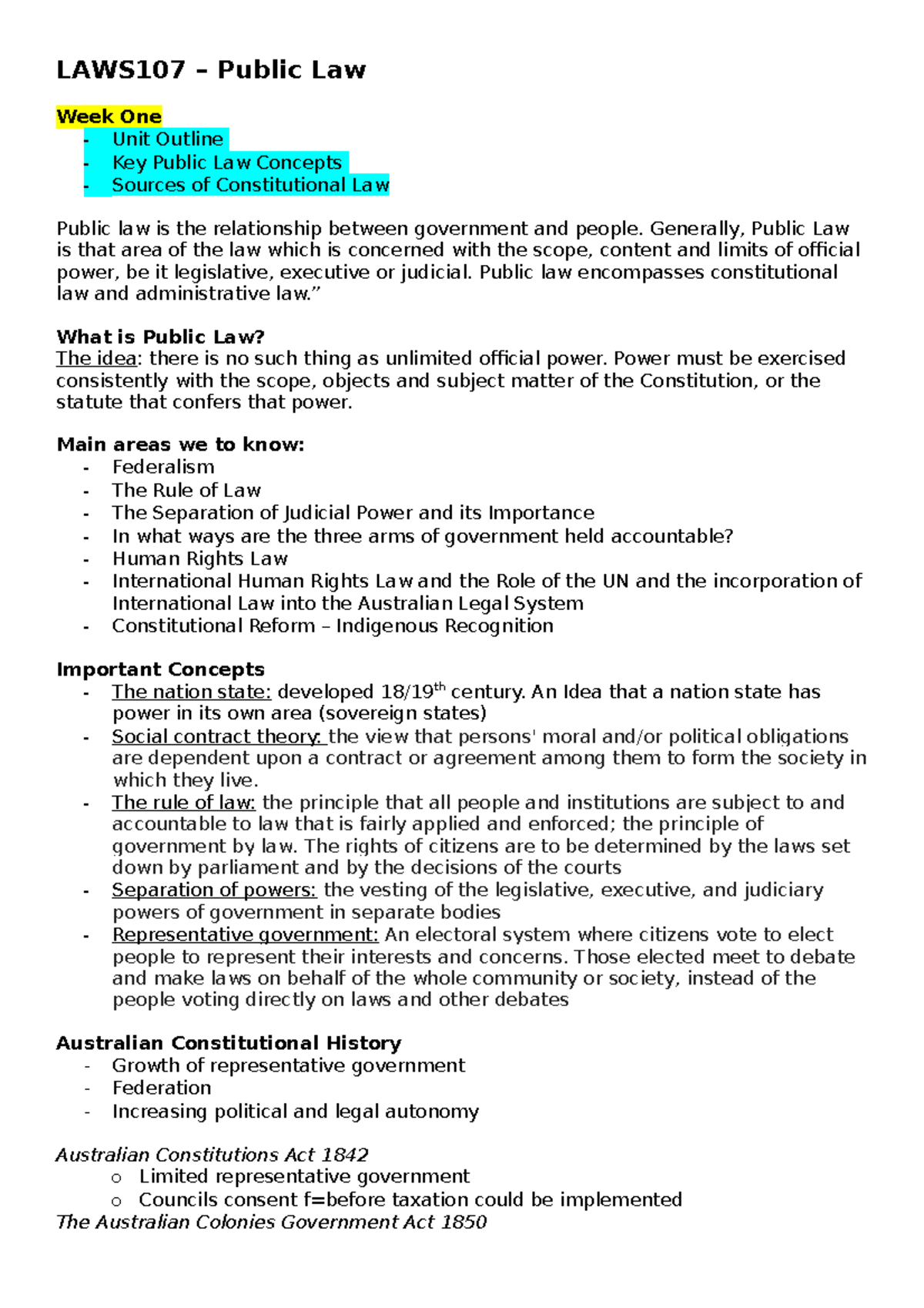 Public Law Notes - LAWS107 – Public Law Week One - Unit Outline - Key ...