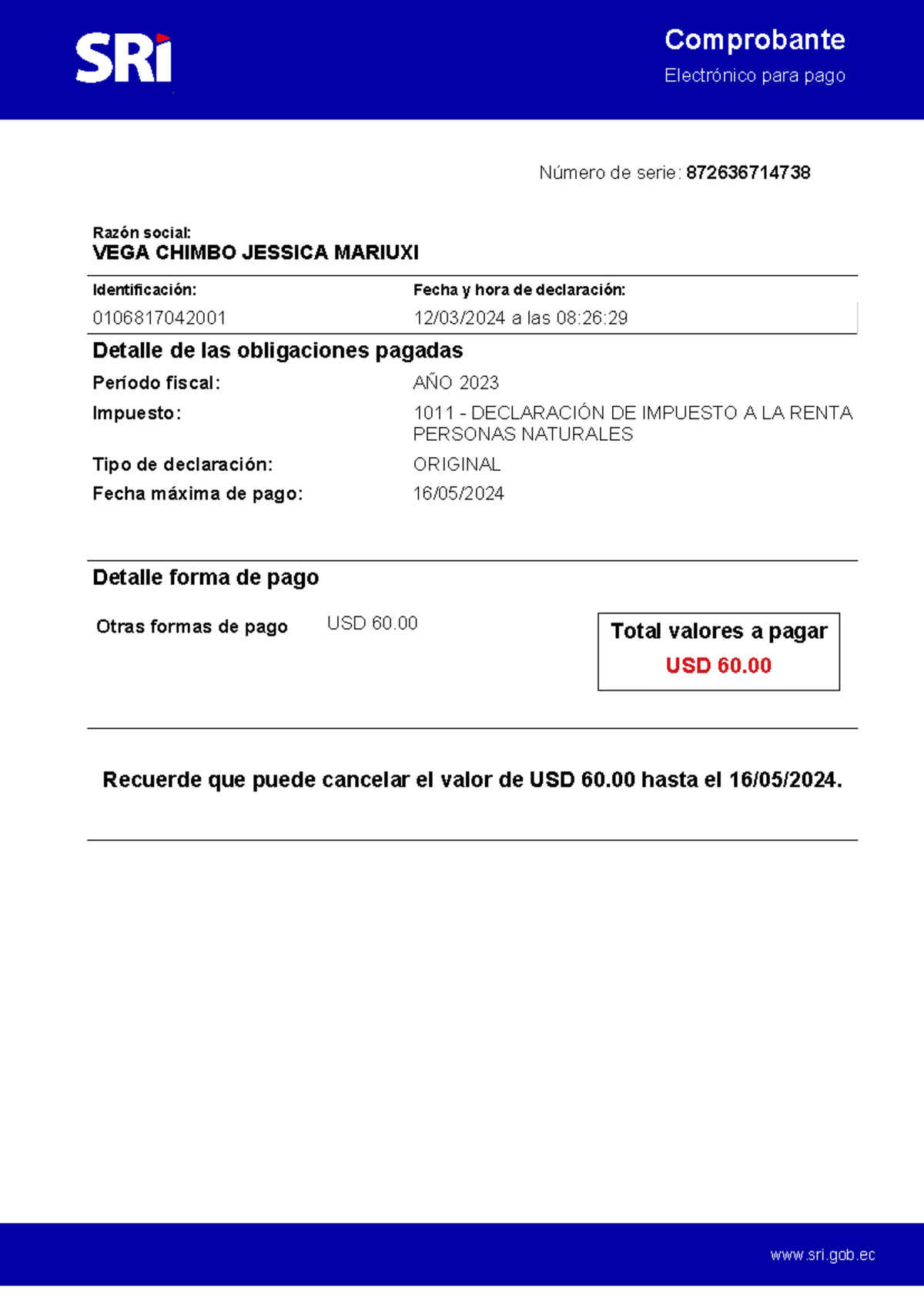 872636714738 - scdc eddw - . Comprobante Electrónico para pago sri.gob Número de serie ...