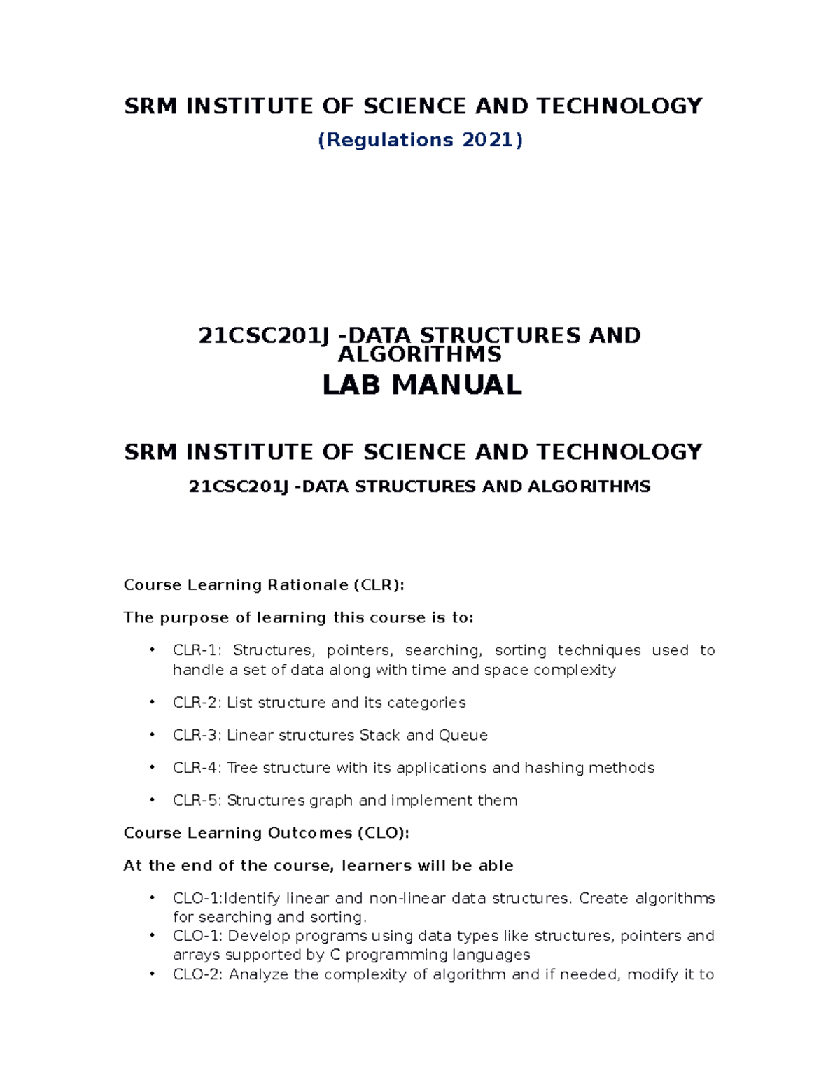 DS LAB Manual - SRM INSTITUTE OF SCIENCE AND TECHNOLOGY (Regulations 2021) 21CSC201J -DATA - Studocu