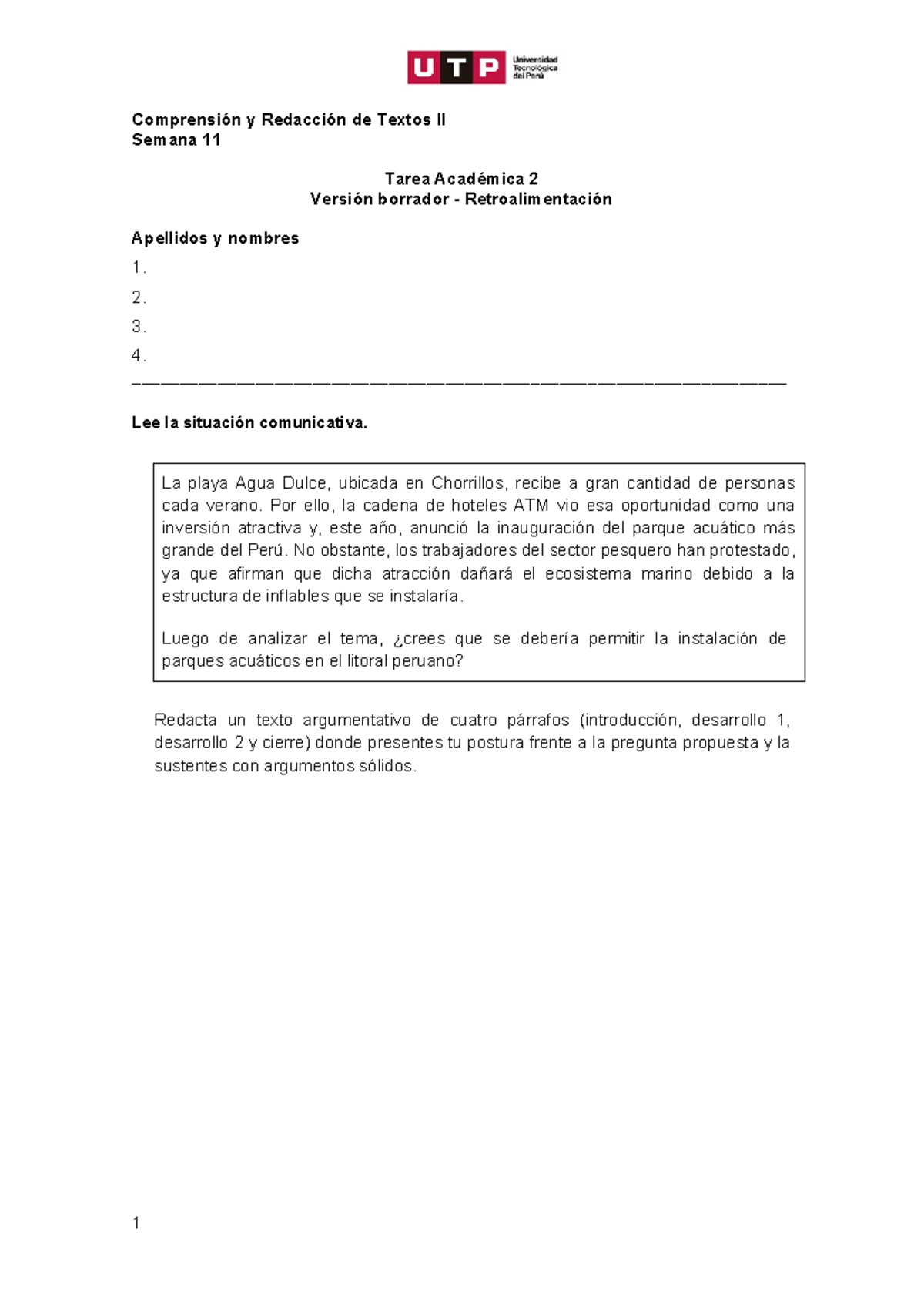 TA2 formato TA2 versión borrador - Comprensión y Redacción de Textos II Semana 11 Tarea ...