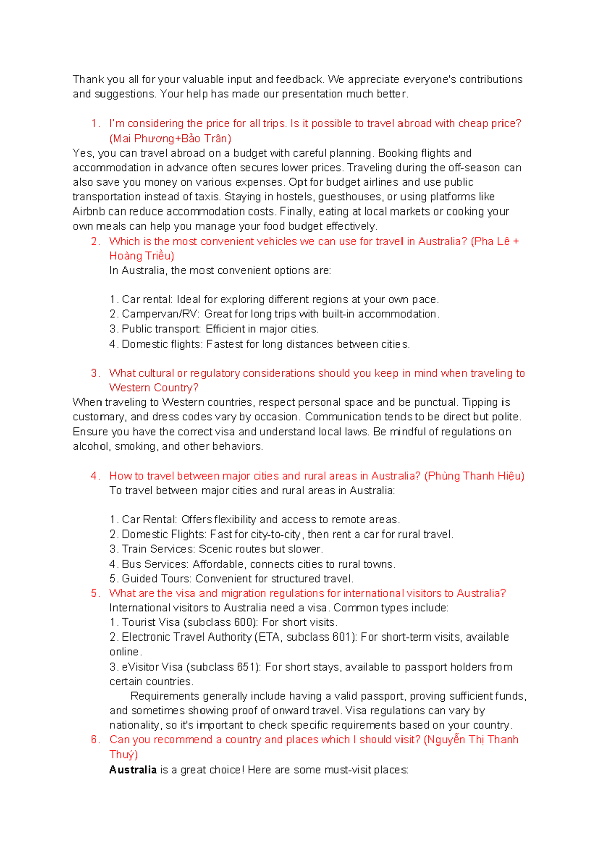 Questions from audience - Thank you all for your valuable input and ...