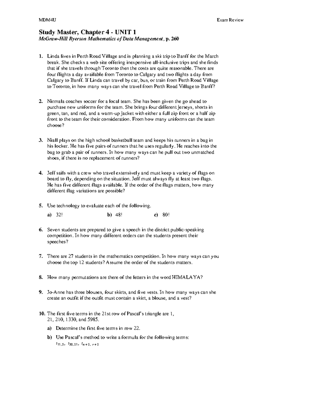 Exam Review - Unit 01 - MDM4U Exam Review Study Master, Chapter 4 ...