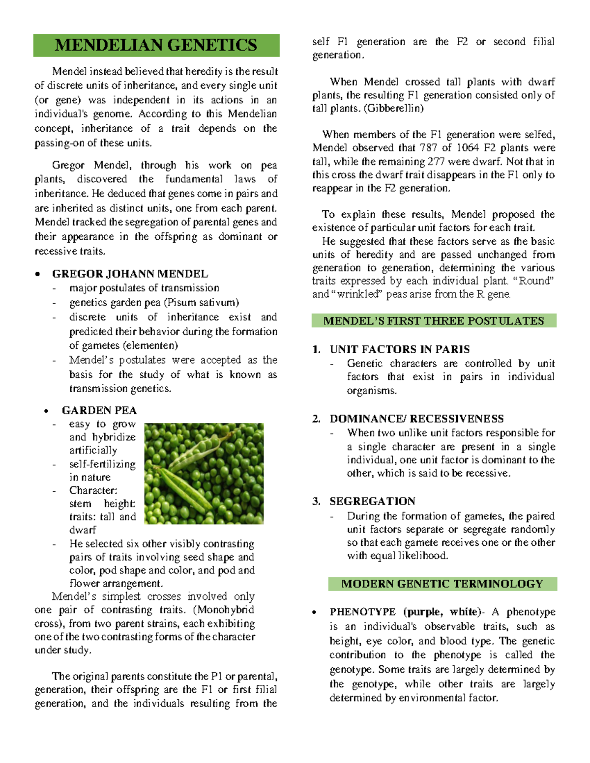 CYTO-1 - Lecture notes 1 - MENDELIAN GENETICS Mendel instead believed ...
