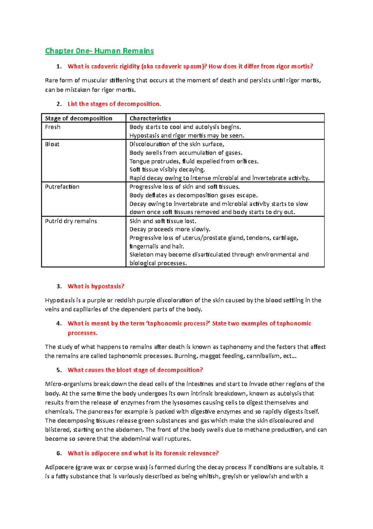 Lecture notes - Chapter 0ne- Human Remains What is cadaveric rigidity ...