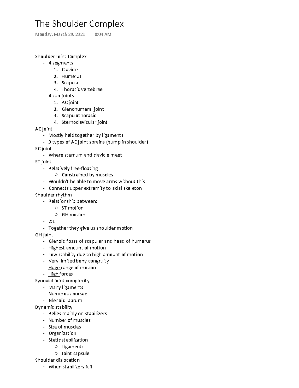 The Shoulder Complex - Shoulder Joint Complex 4 segments 1. Clavicle 2 ...