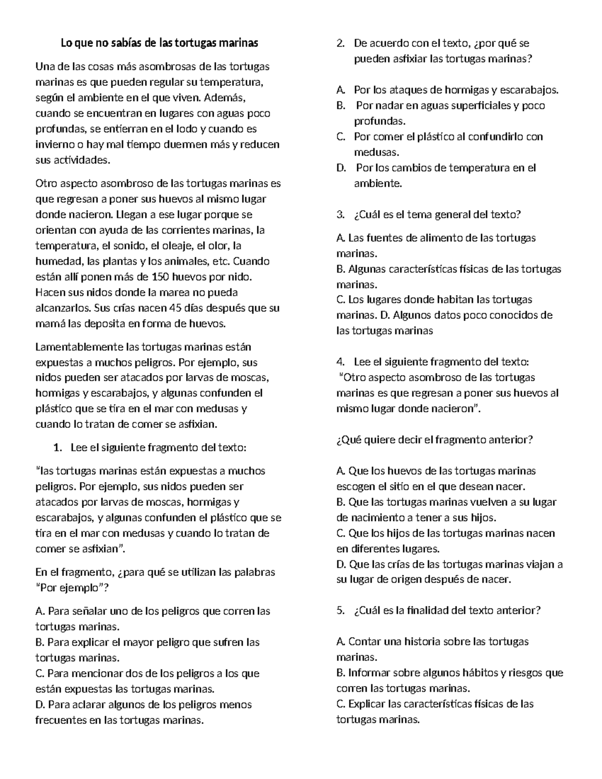 Lectura Prueba Saber - Lo que no sabías de las tortugas marinas Una de ...