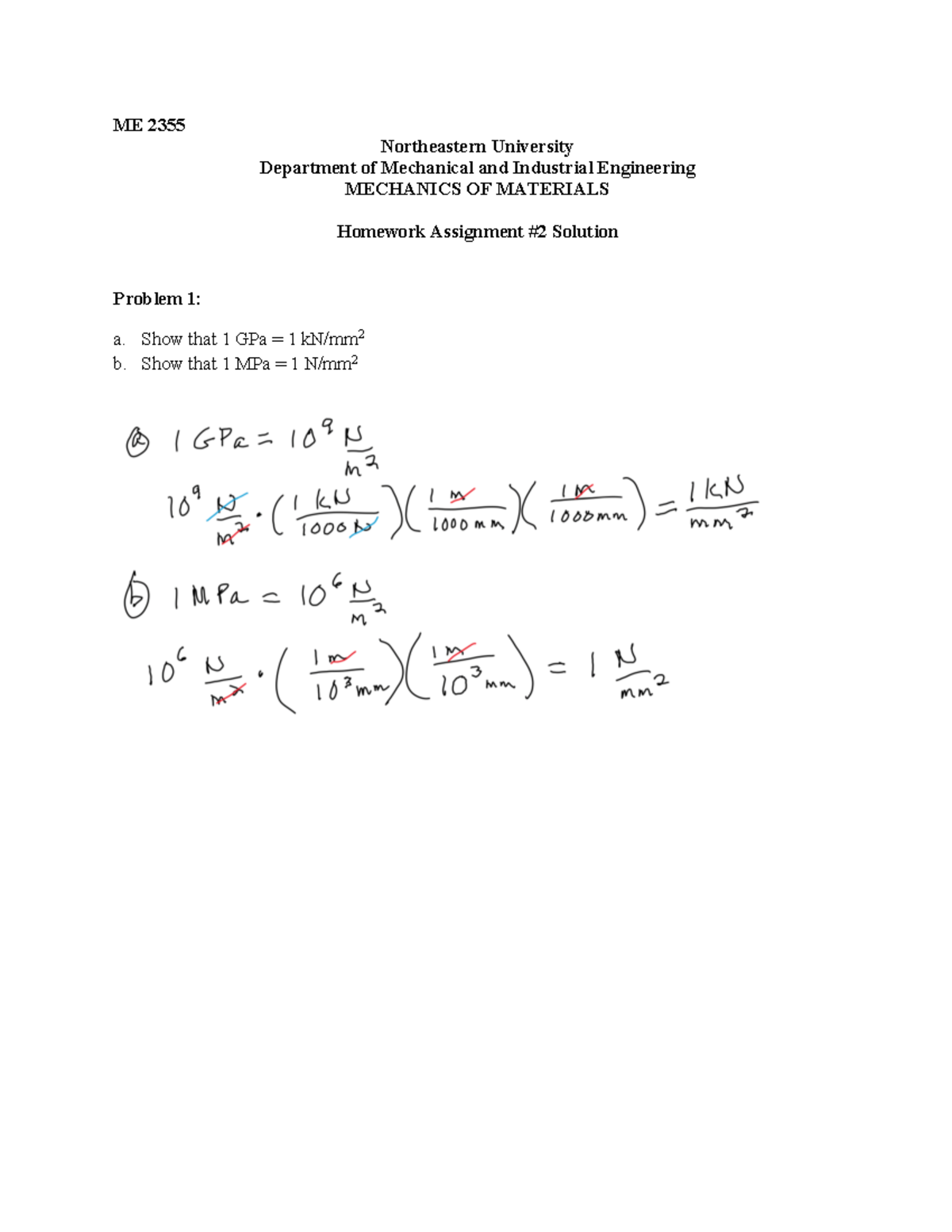 HW#2 solution - ME 2355 Northeastern University Department of Mechanical and Industrial ...