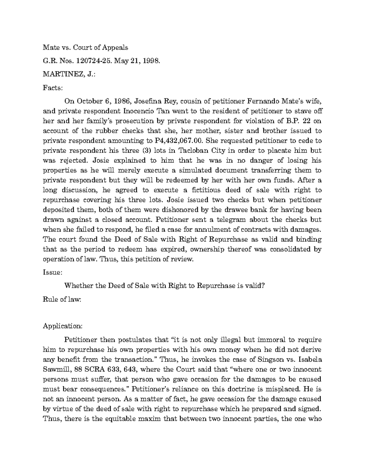 5 Mate vs. Court of Appeals - case digest Obligations and Contracts ...