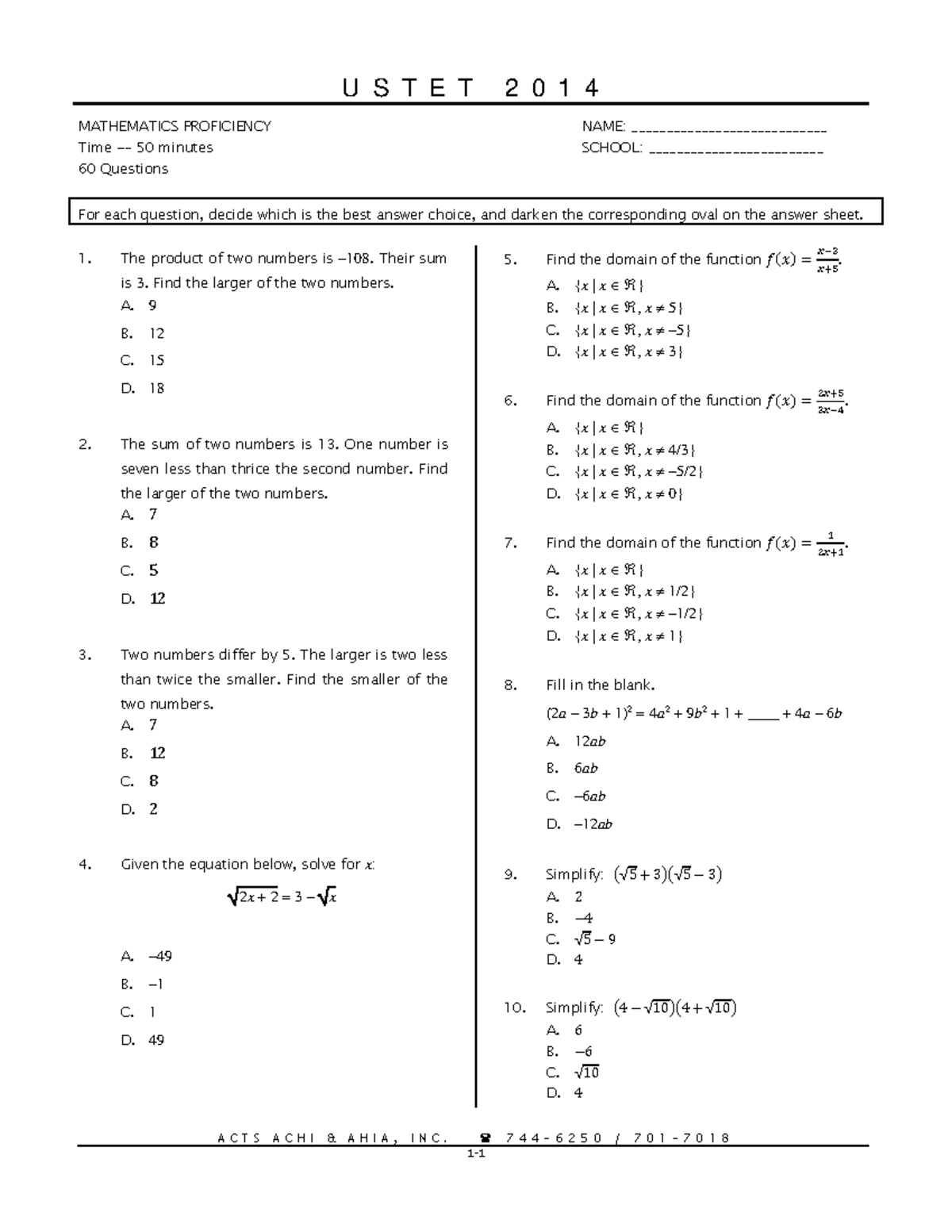 Ustet 2014 Simulated EXAM Section 2 Mathematics Proficiency v.8 - A C T ...