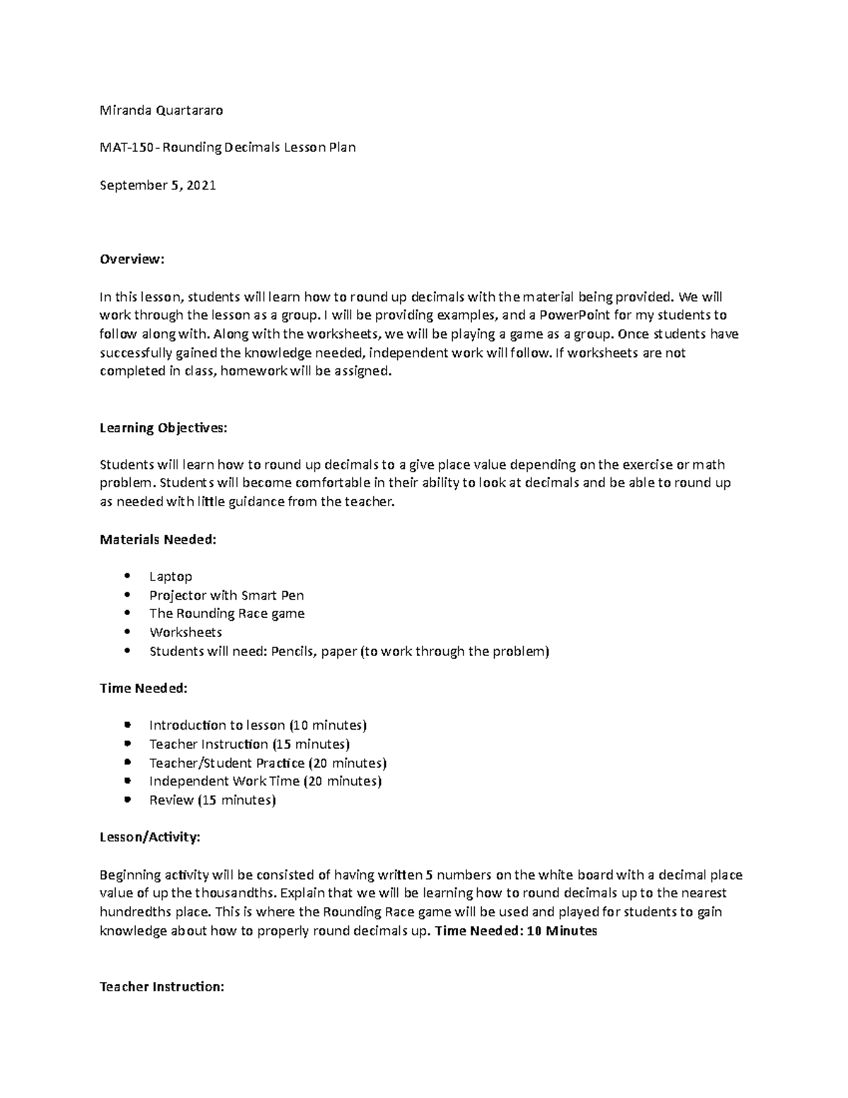 Final Lesson Plan for Elementary Education - Miranda Quartararo MAT-150 ...