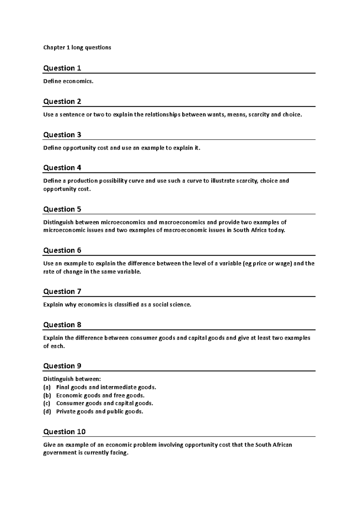 Economics Chapter 1 AND 2 Questions - Chapter 1 long ques ons Question ...