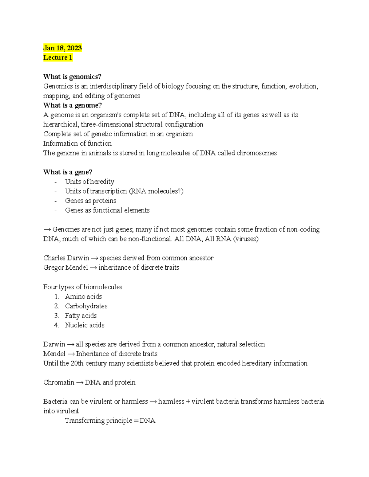 Introduction to Genomics exam 1 - Jan 18, 2023 Lecture 1 What is genomics? Genomics is an - Studocu