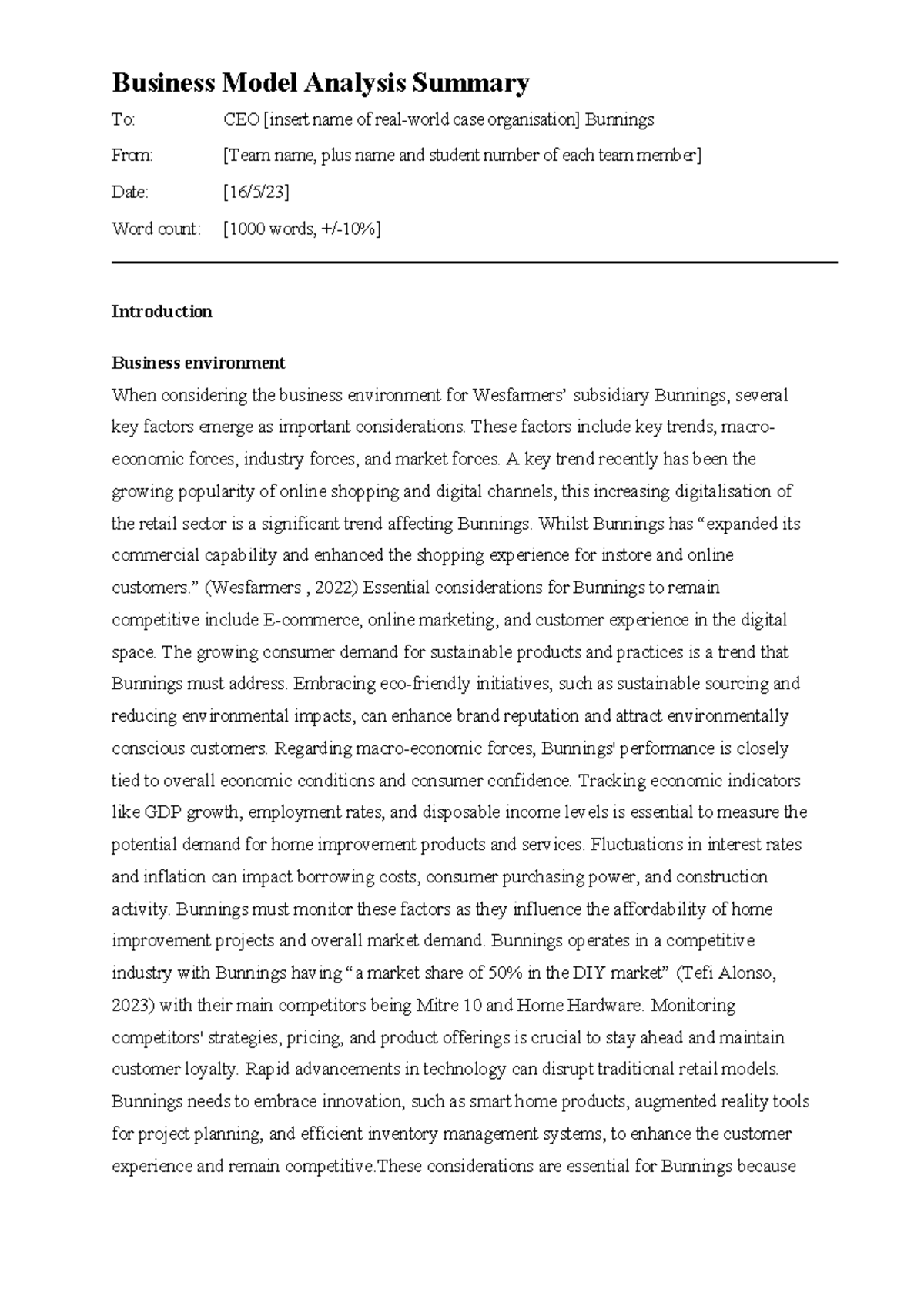 Business Model Analysis Summary - These factors include key trends ...