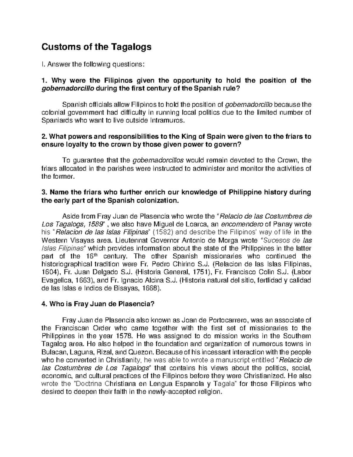 Customs of the Tagalogs - Readings in Philippine History - Studocu