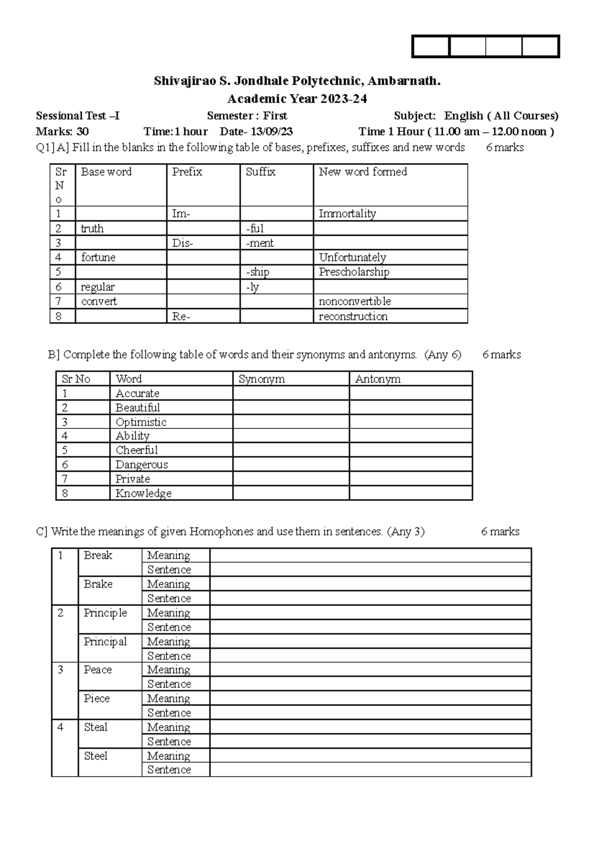 English QP - Shivajirao S. Jondhale Polytechnic, Ambarnath. Academic ...