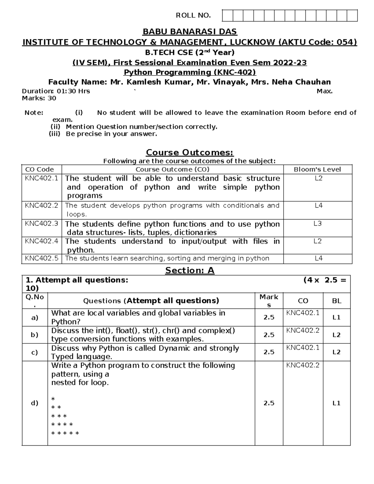 1st Sessional for B.tech 2nd year 2022-23 EVEN- Python Programming - ROLL NO. BABU BANARASI DAS ...