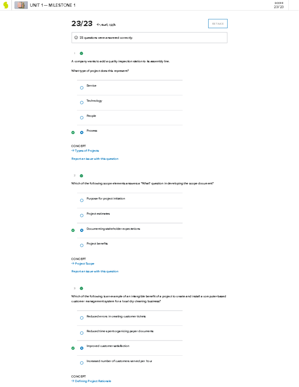 Milestone 1-23 out of 23 correct - 1 CONCEPT → Types of Projects 2 CONCEPT → Project Scope 3 ...