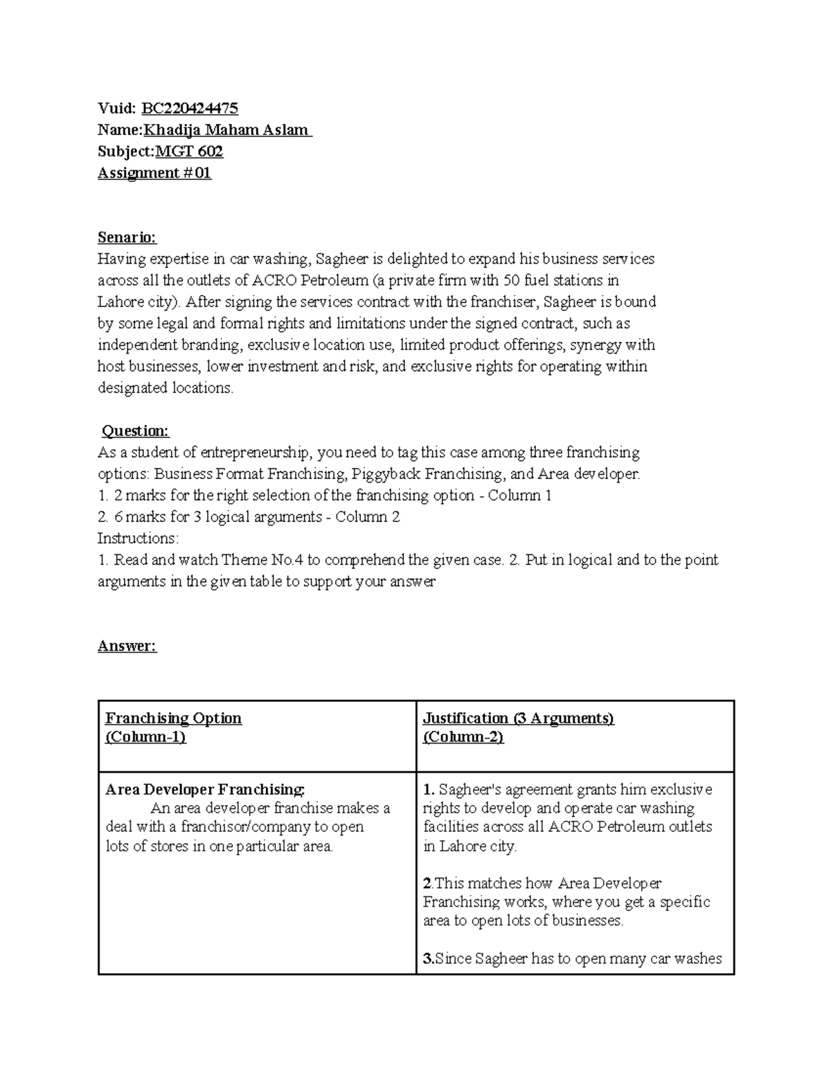 MGT 602 Assignment # 01 - Vuid: BC Name:Khadija Maham Aslam Subject:MGT ...
