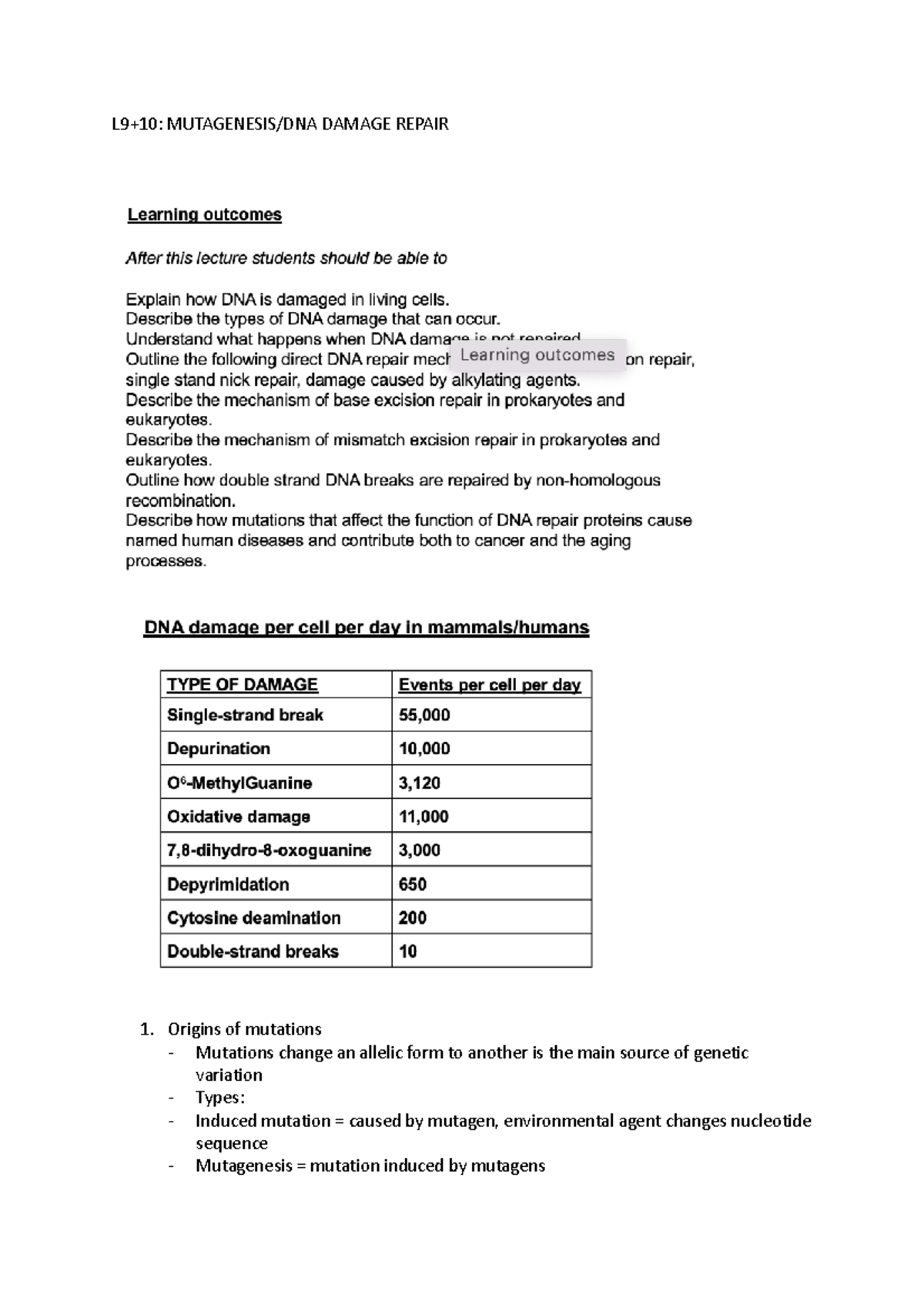 5BBG0203 L9+L10 - lecture notes - L9+10: MUTAGENESIS/DNA DAMAGE REPAIR ...