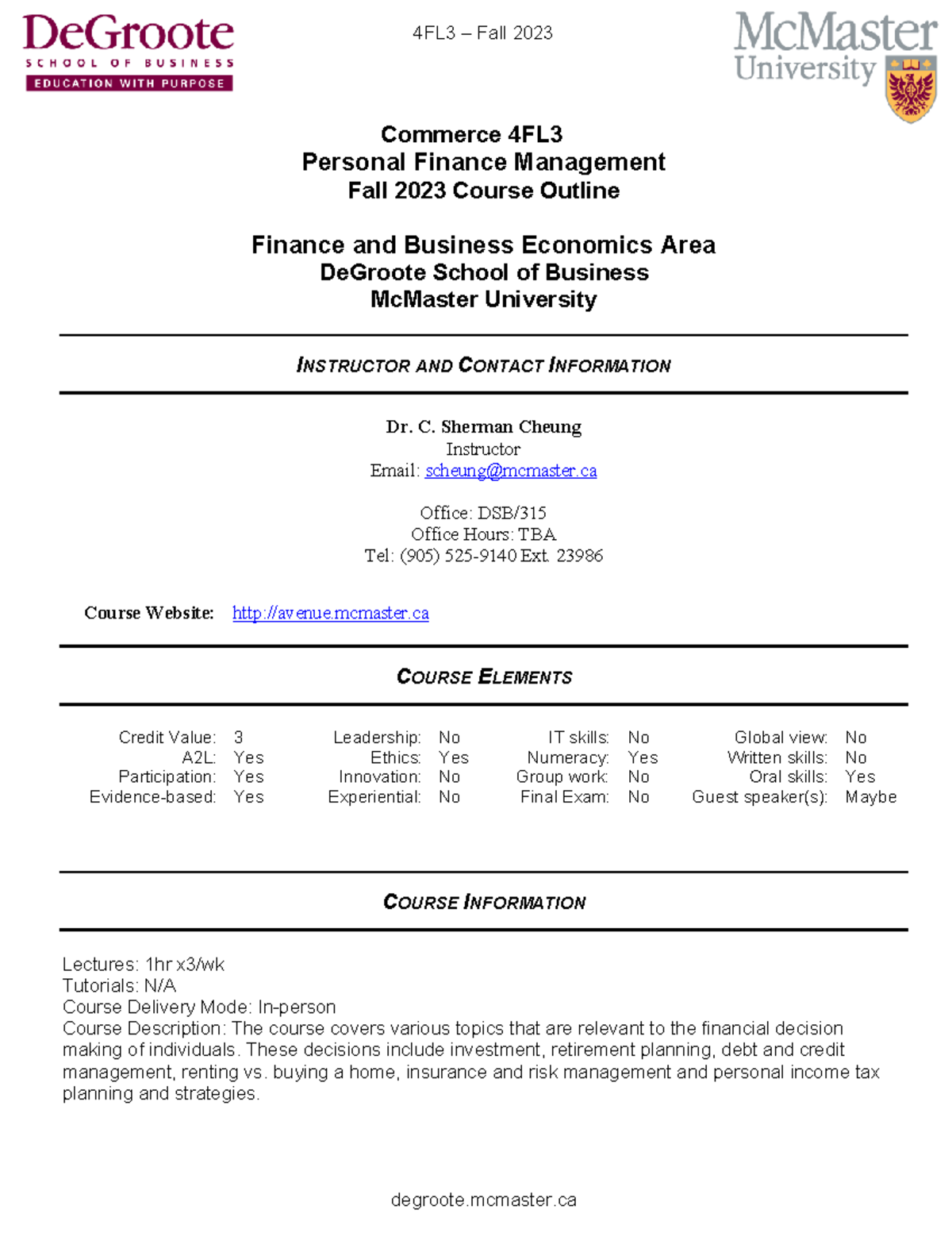 4FL3 outline-Fall 2023 - Commerce 4FL Personal Finance Management Fall ...