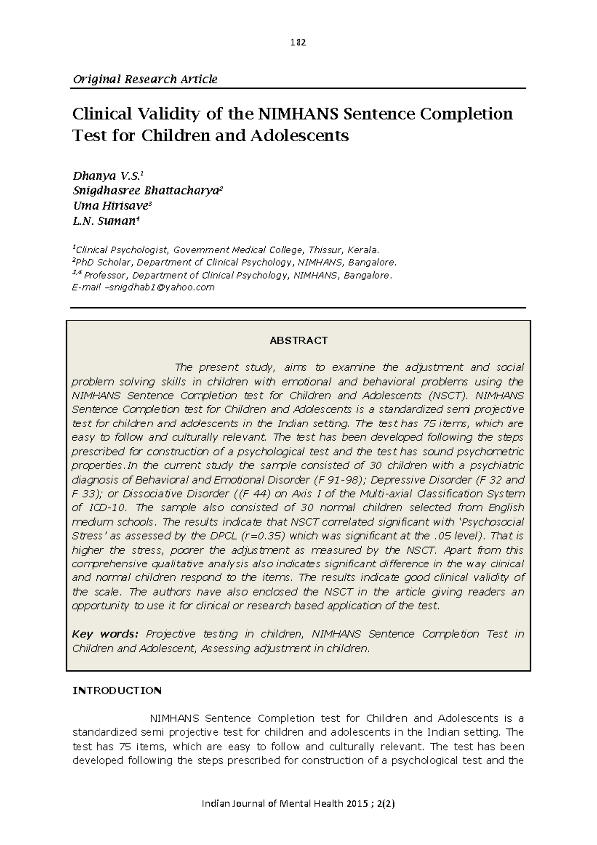 NIMHANS sentence completion test - Original Research Article Clinical ...