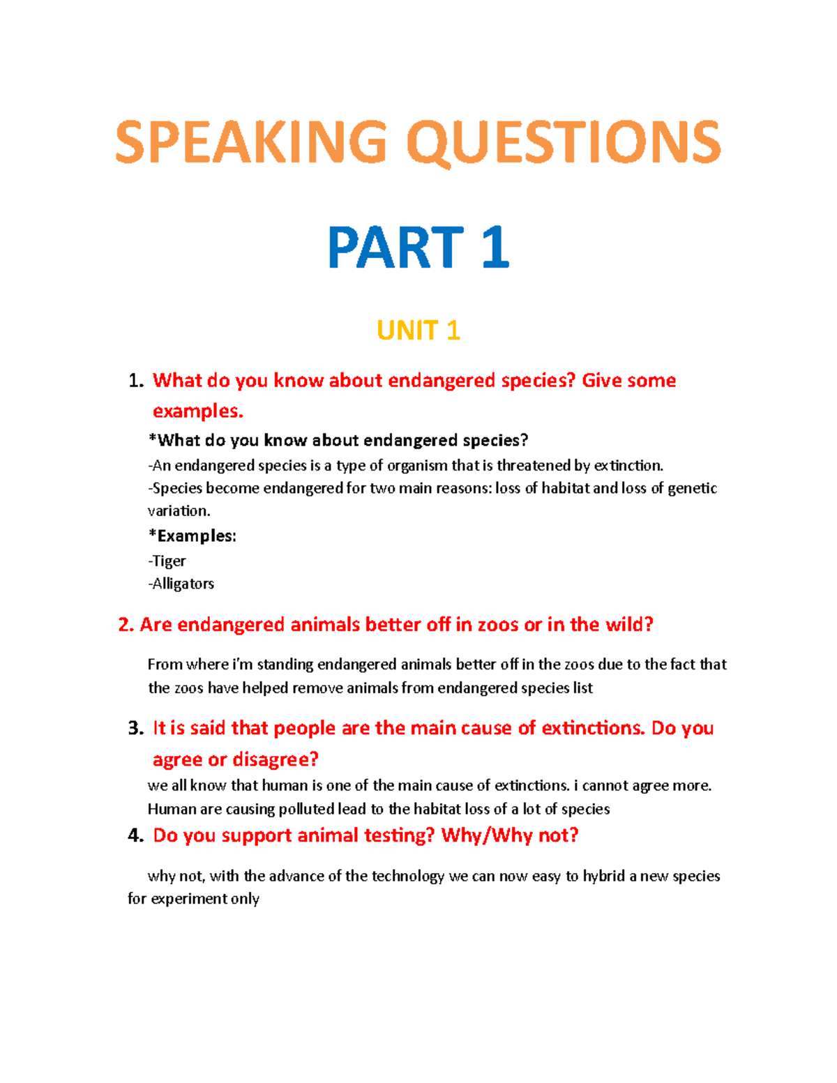 Speaking- Questions 2 - weasdasdasd - SPEAKING QUESTIONS PART 1 UNIT 1 ...