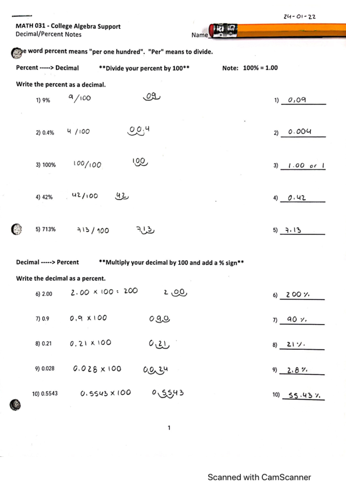 Math 031 Decimal - Percent Notes - MATH 031 - Studocu
