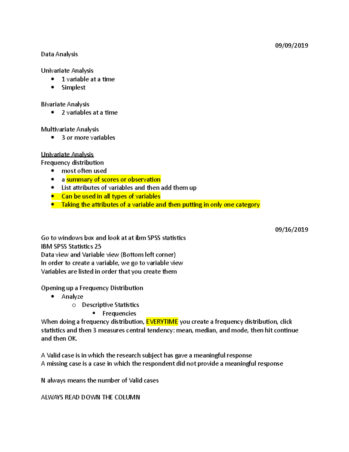 Exam 2 notes - exam 2 - 09/09/ Data Analysis Univariate Analysis 1 ...