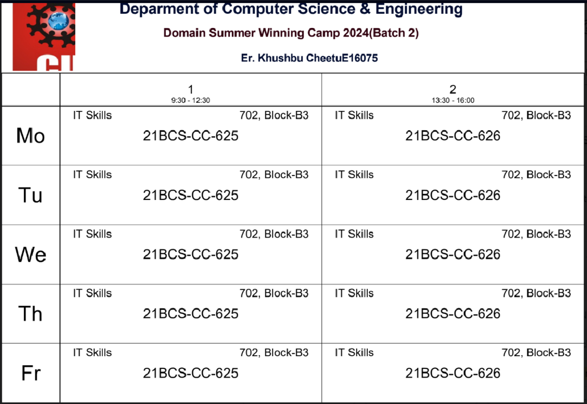 TIME Table Summer Winning CAMP Khushbu - Deparment of Computer Science ...