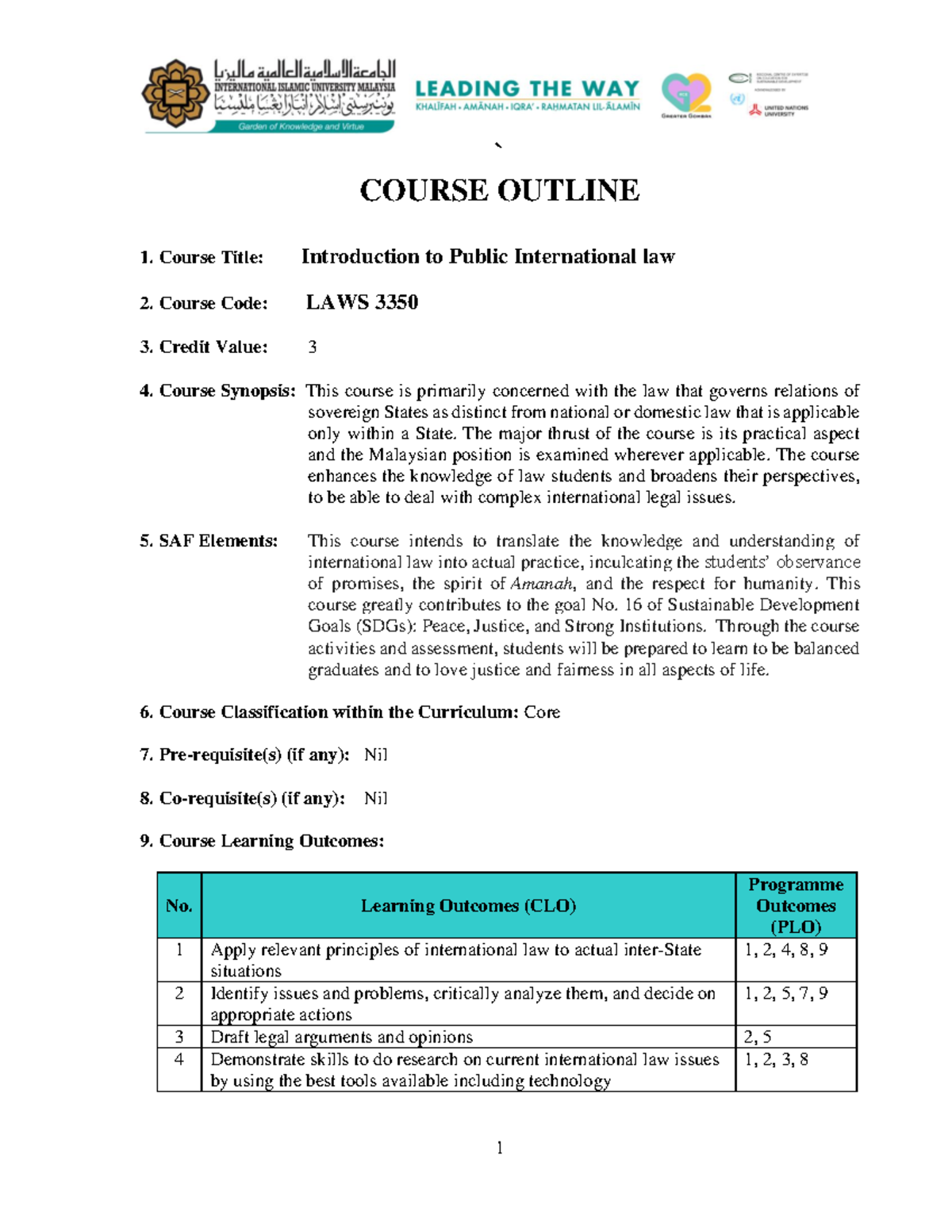 LAWS 3350 Course Outline and Course Plan, Sem 1 (2022-2023) - ` COURSE OUTLINE 1. Course Title ...