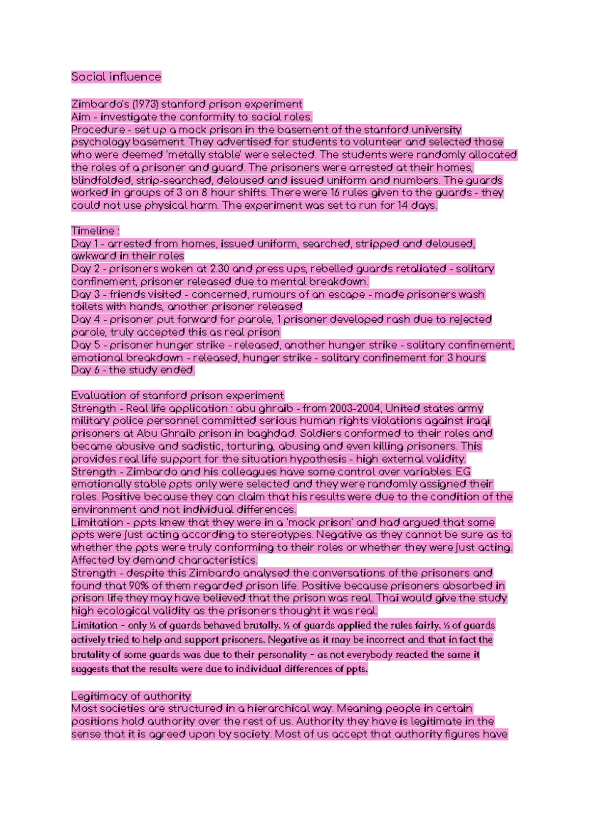 psychology notes class - Social influence Zimbardo’s (1973) stanford ...