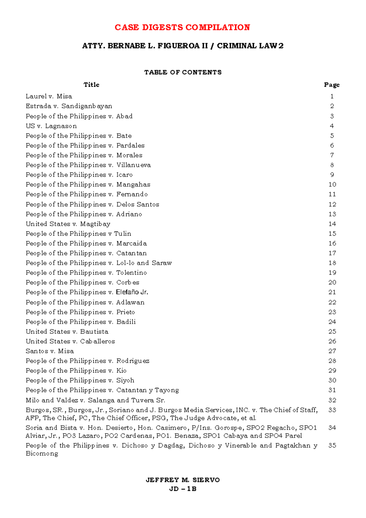 Compilation 1 - CASE DIGESTS COMPILATION TABLE OF CONTENTS Burgos, SR ...