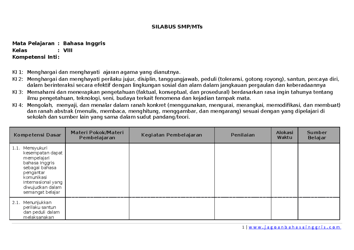 Silabus K13 SMP Kelas 8 - SILABUS SMP/MTs Mata Pelajaran : Bahasa Inggris Kelas : VIII ...