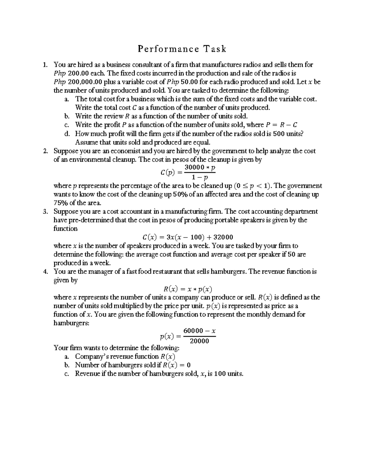 Performance Task - Midterm - P e r f o r m a n c e T a s k You are ...