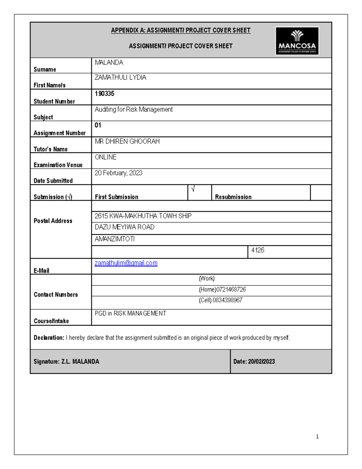 Auditing FOR RISK Management Assigment 1 - APPENDIX A: ASSIGNMENT ...