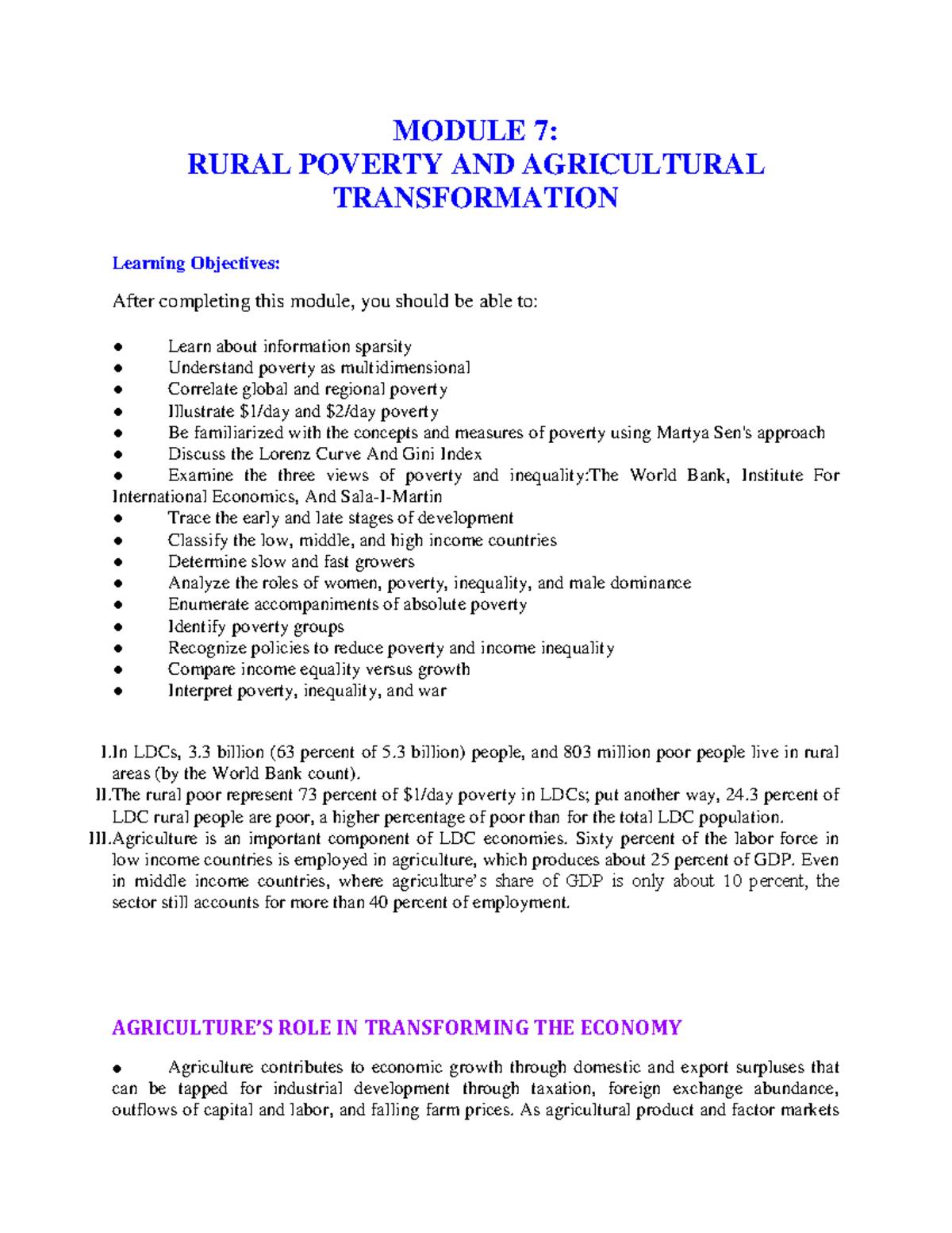 Module 7 Rural Poverty AND Agricultural Transformation - MODULE 7 ...