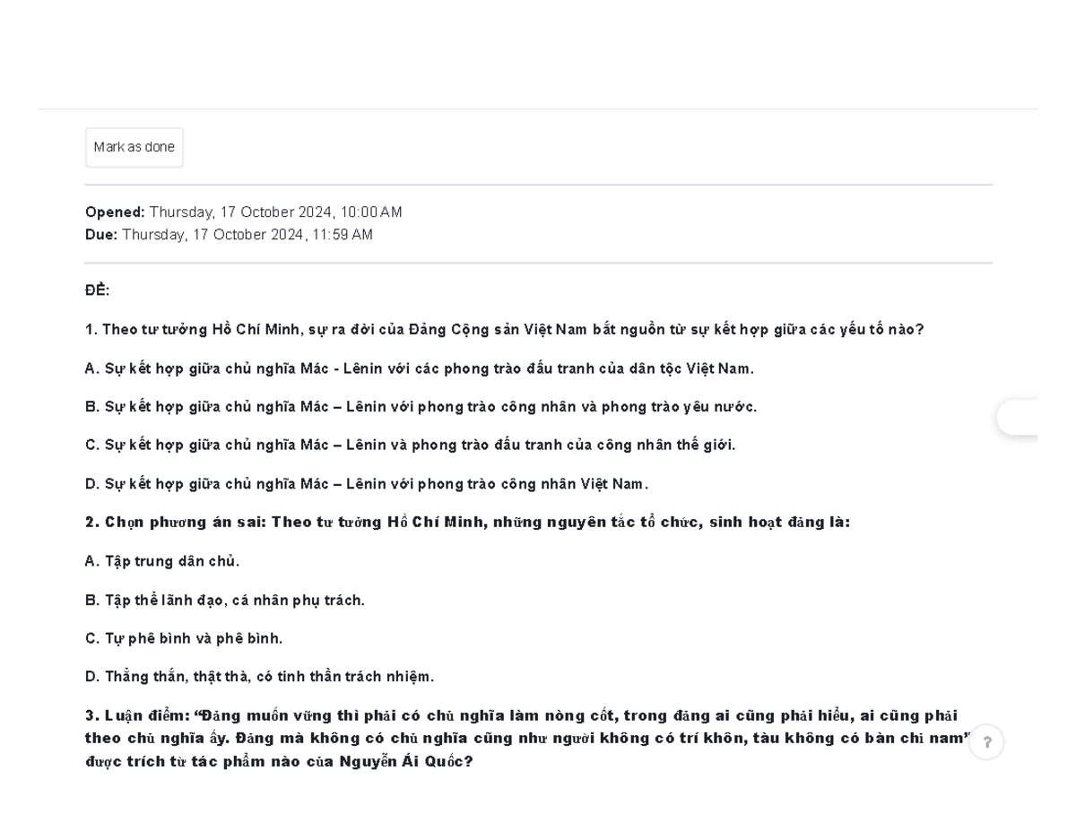 ÔN TẬP CUỐI KỲ 1 Tthcm - Mark as done Opened: Thursday, 17 October 2024, 10:00 AM Due: Thursday ...